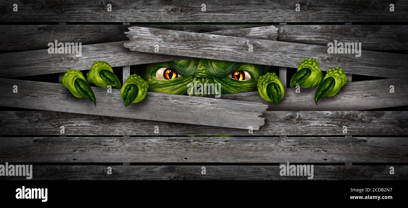 Halloween monster background and creepy horror beast or zombie breaking ...