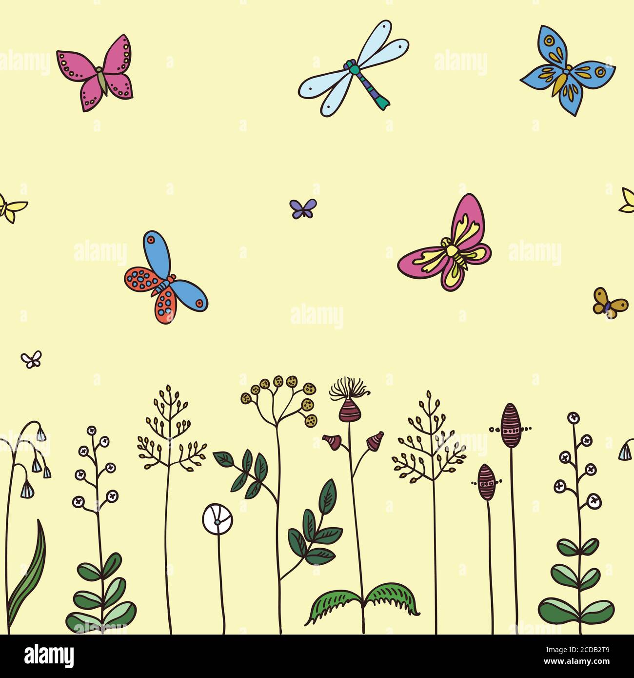 Cute spring landscape with doodle flowers and butterflies Stock Vector ...