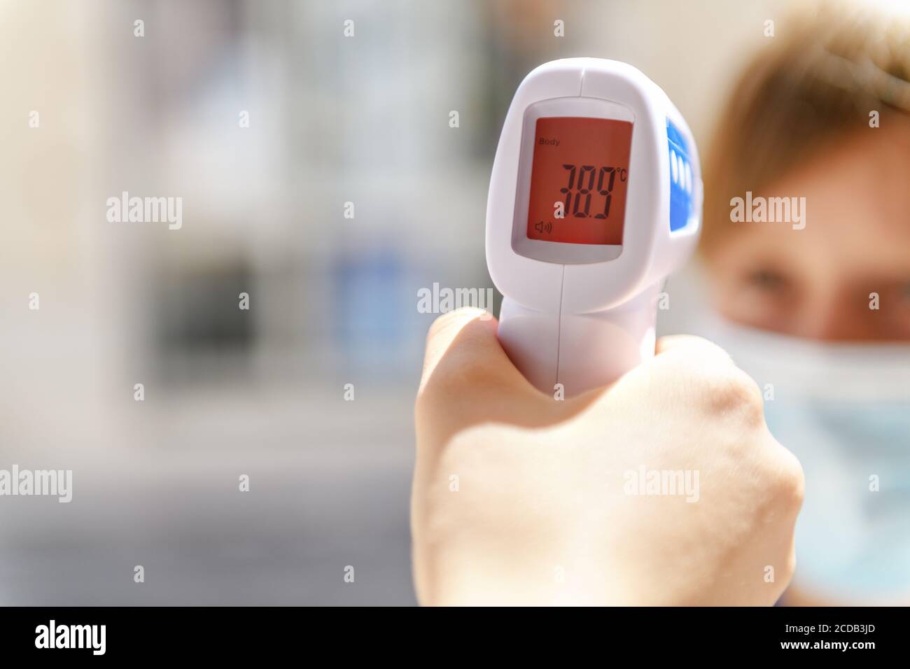 Digital thermometer with red display, hight fever, coronavirus, new ...