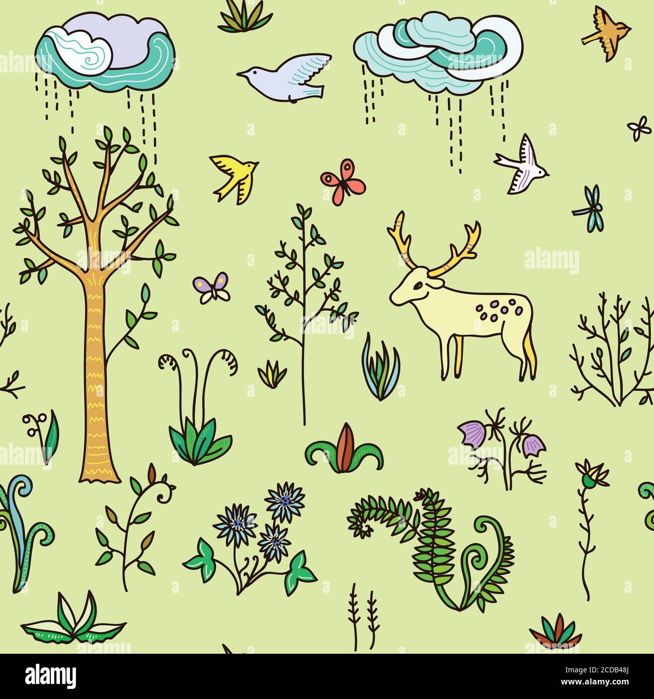 Cute spring landscape with doodle flowers and butterflies Stock Vector ...