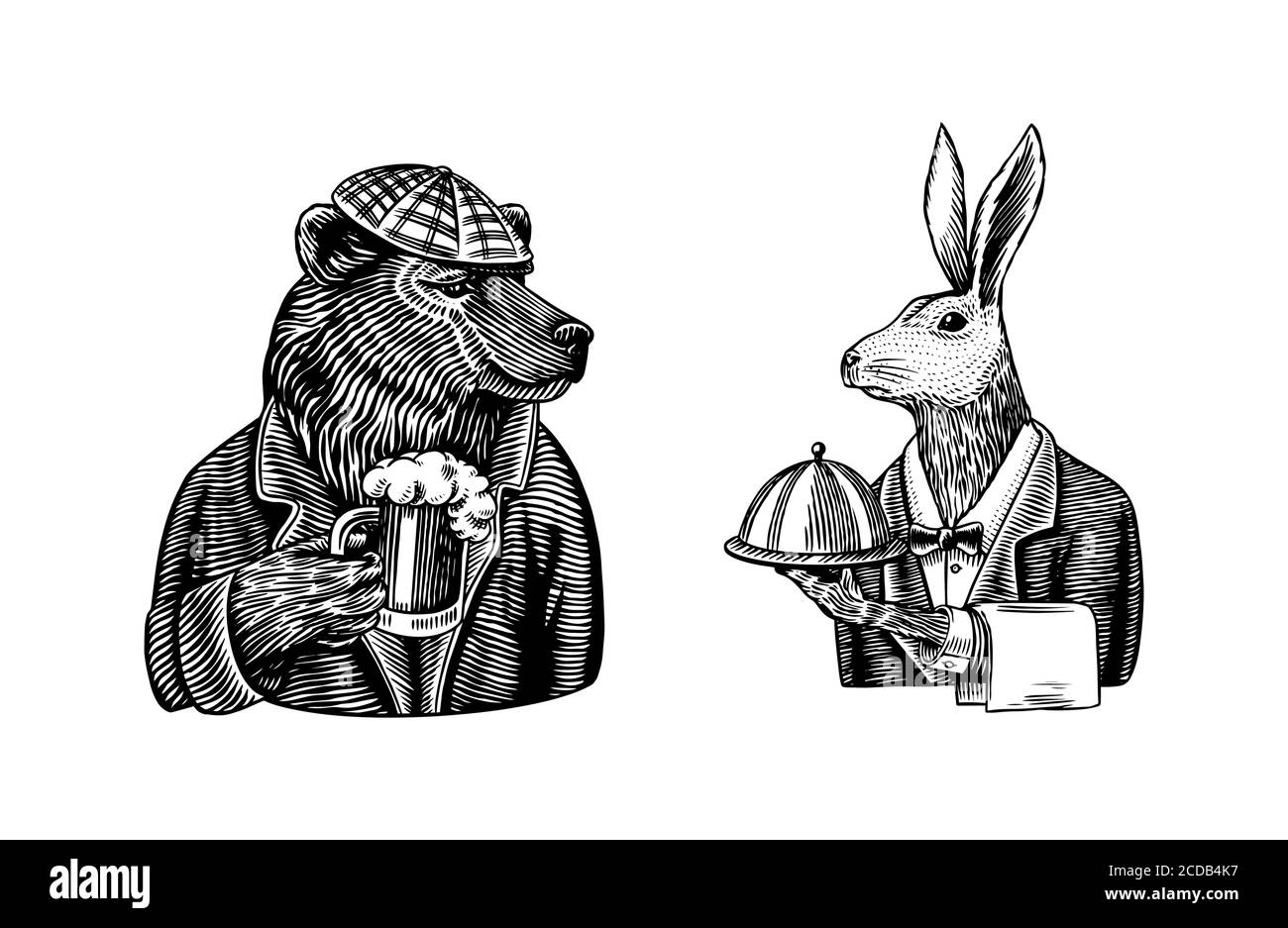 Grizzly Bear with a beer mug. Hare waiter. Brewer with a glass cup ...