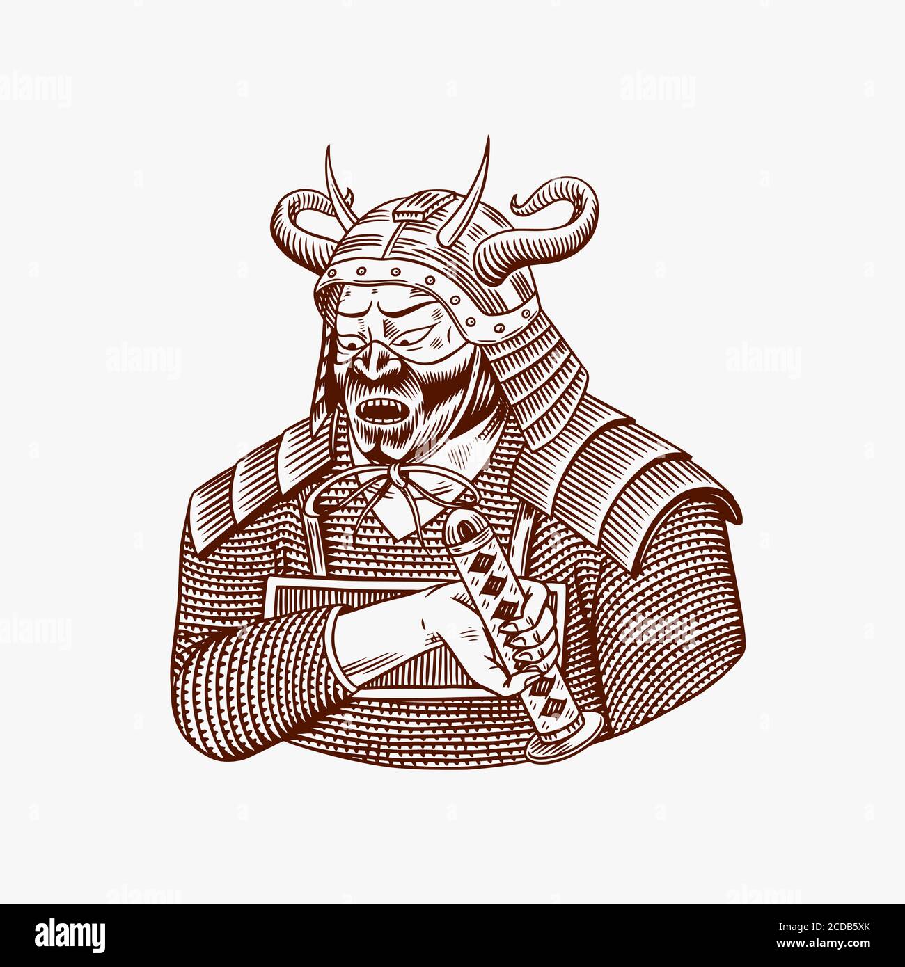 Japanese samurai warriors with weapons sketch. Men in a fight pose in ...