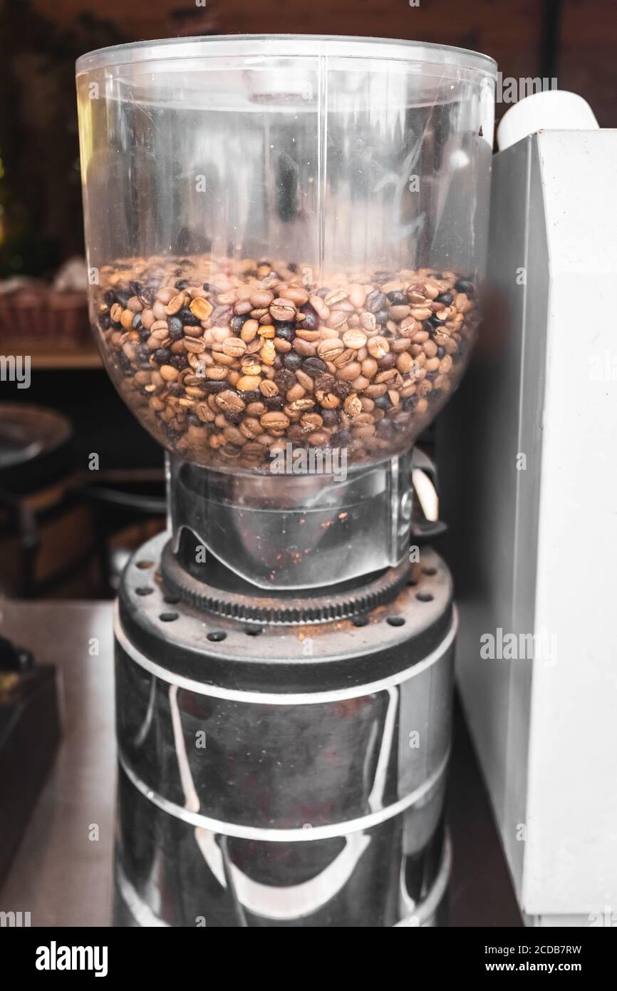 Coffee beans inside a bar coffee pot before being ground and roasted ...