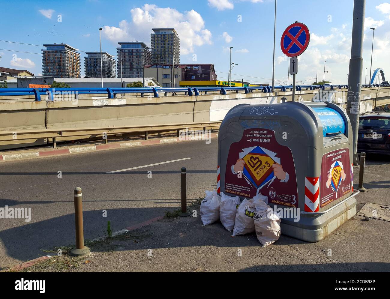 Bucharest, Romania - July 06, 2020: Garbage bags next to a recycling ...