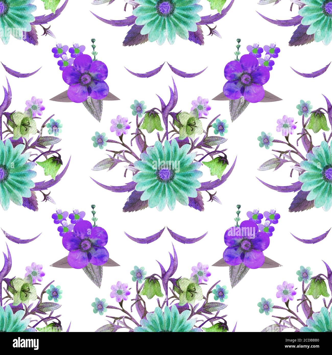 Seamless pattern with wildflowers and leaves on white background ...