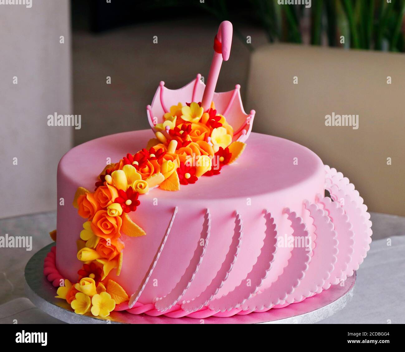 happy birthday day cake with pink color concept for kids Stock Photo ...