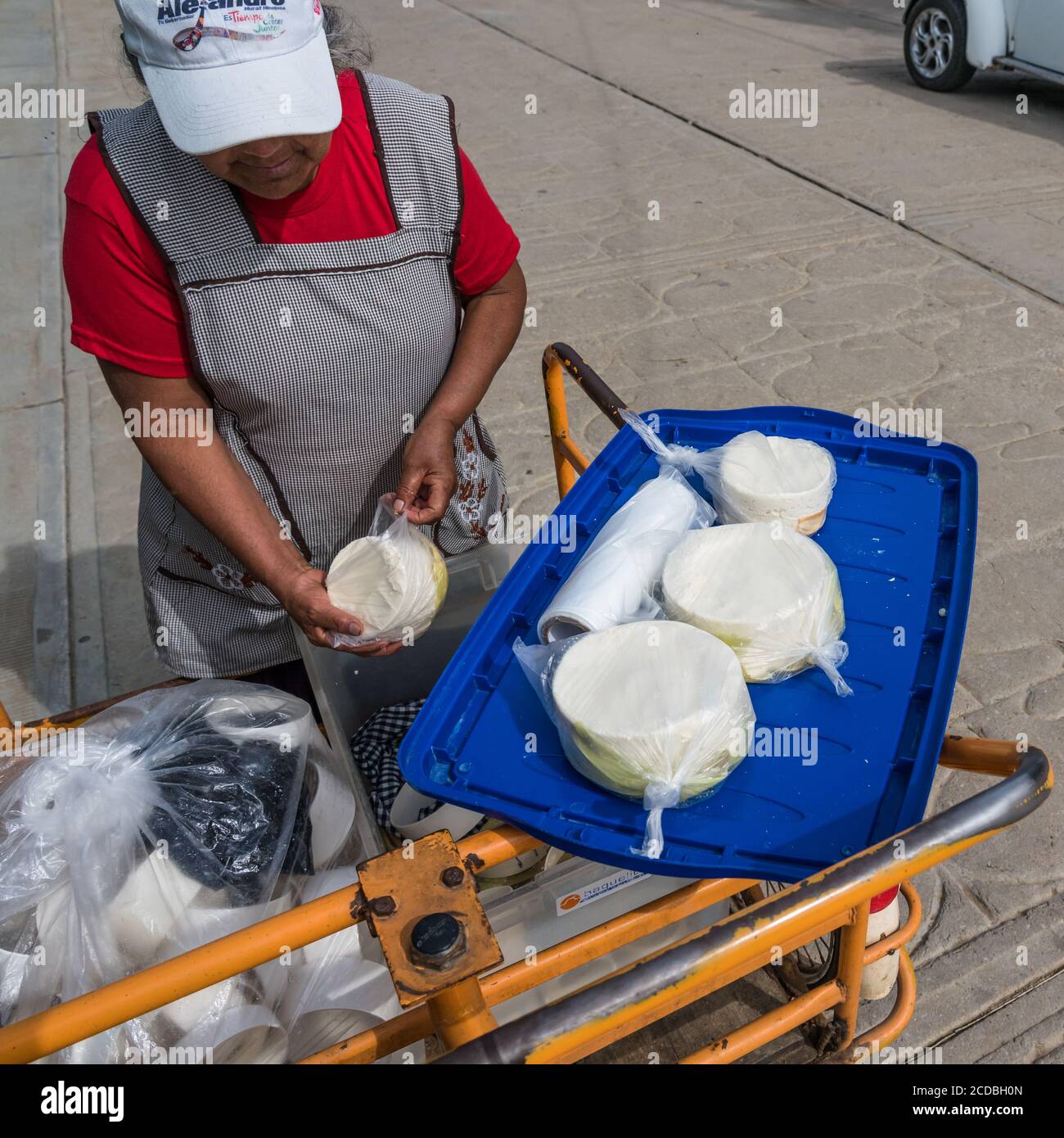 A woman sells queso fresco cheese door to door from her tricycle cart ...