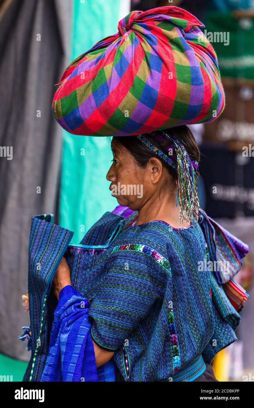 A Cakchiquel Mayan woman in traditional dress from San Antonio Palopo ...