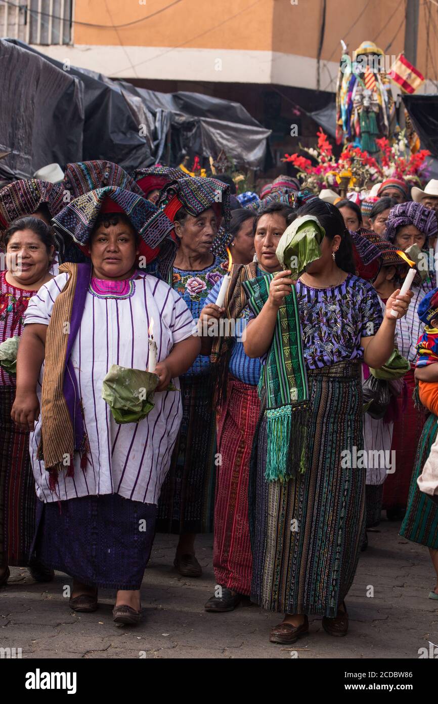 Tzutujil Mayan women in traditional dress, some in special long huipils ...