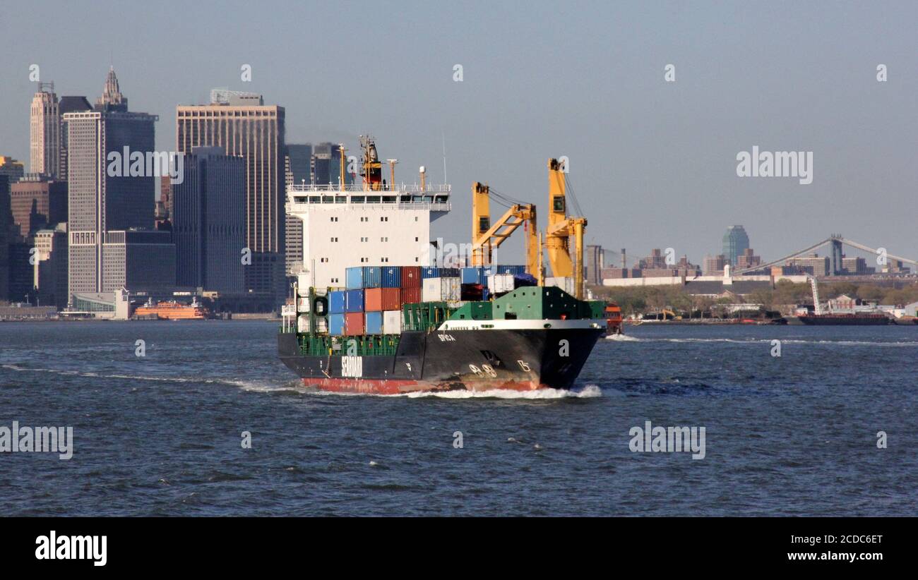 Container ship SPICA underway in New York Harbor, Lower Manhattan ...