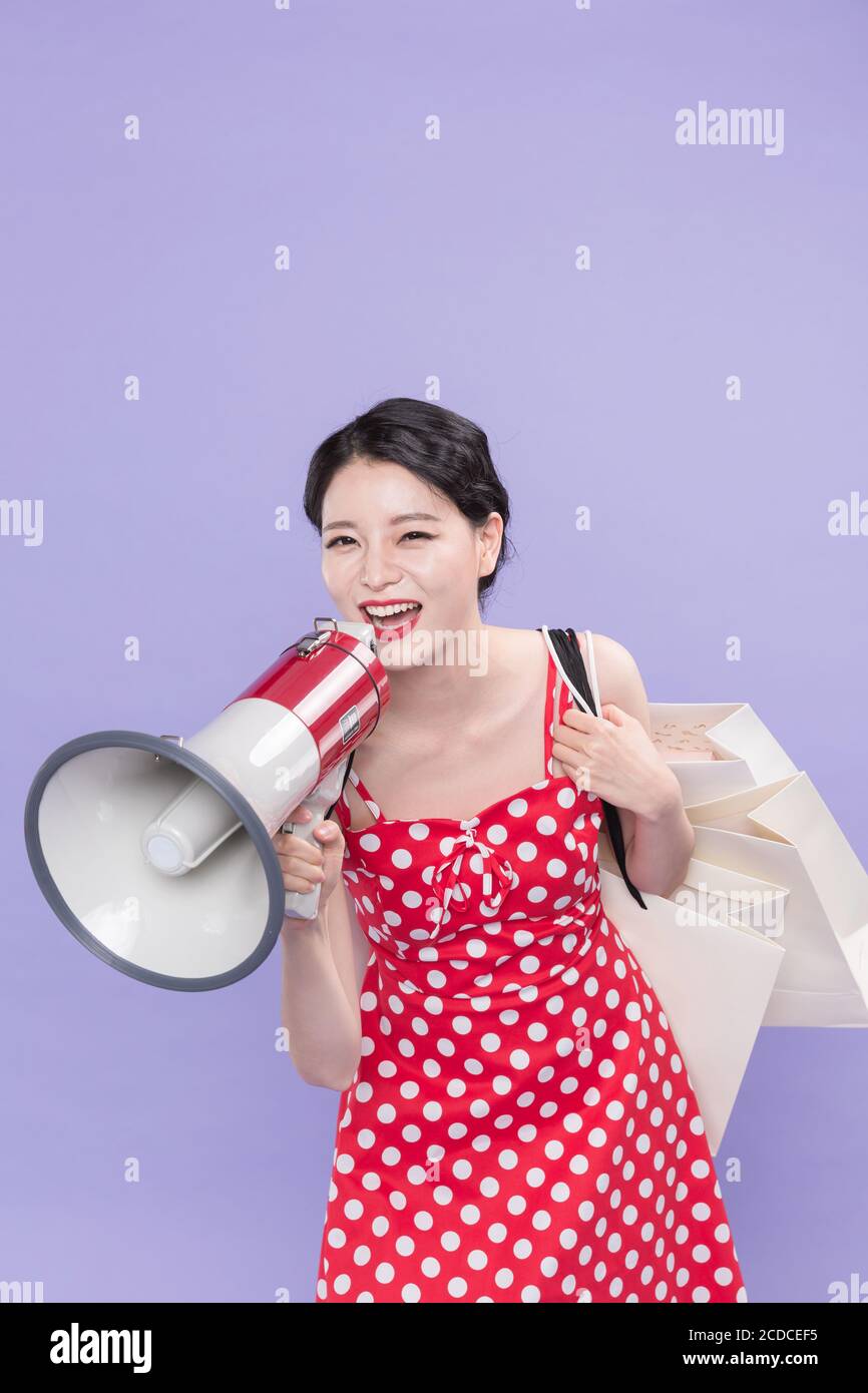 Life style concept, happy shopping time. Young asian woman with ...