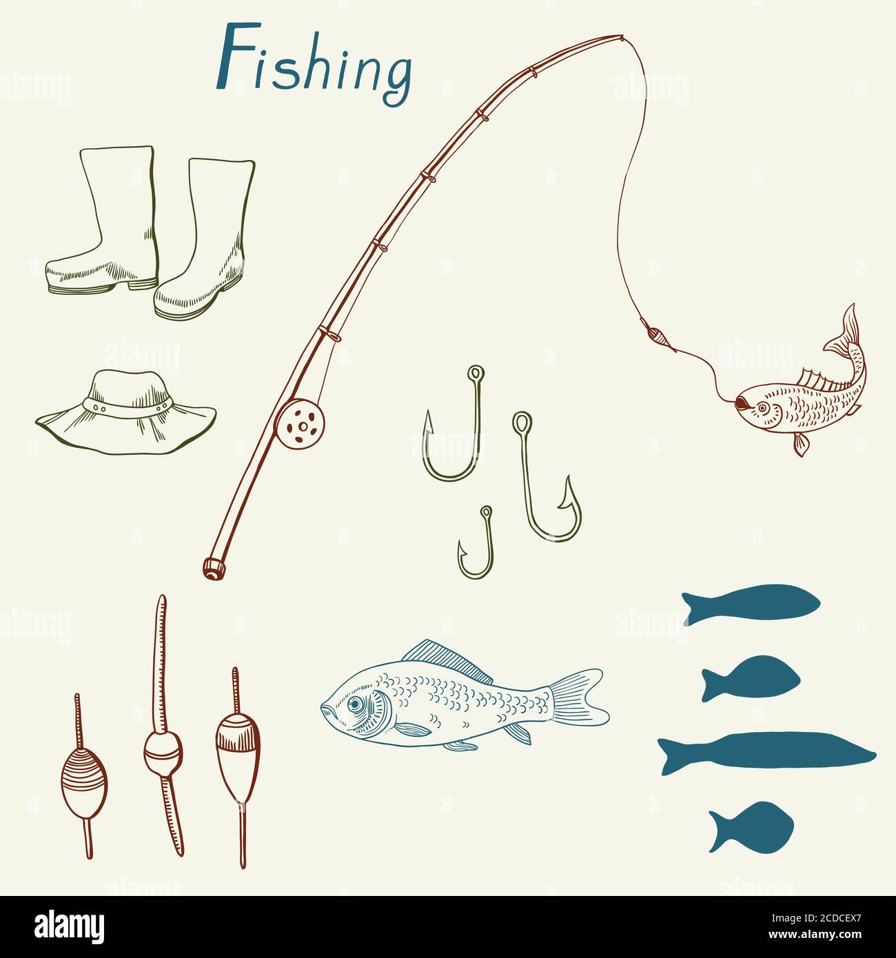 Hand drawn set of fishing equipment, hook, boots, rod Stock Vector ...