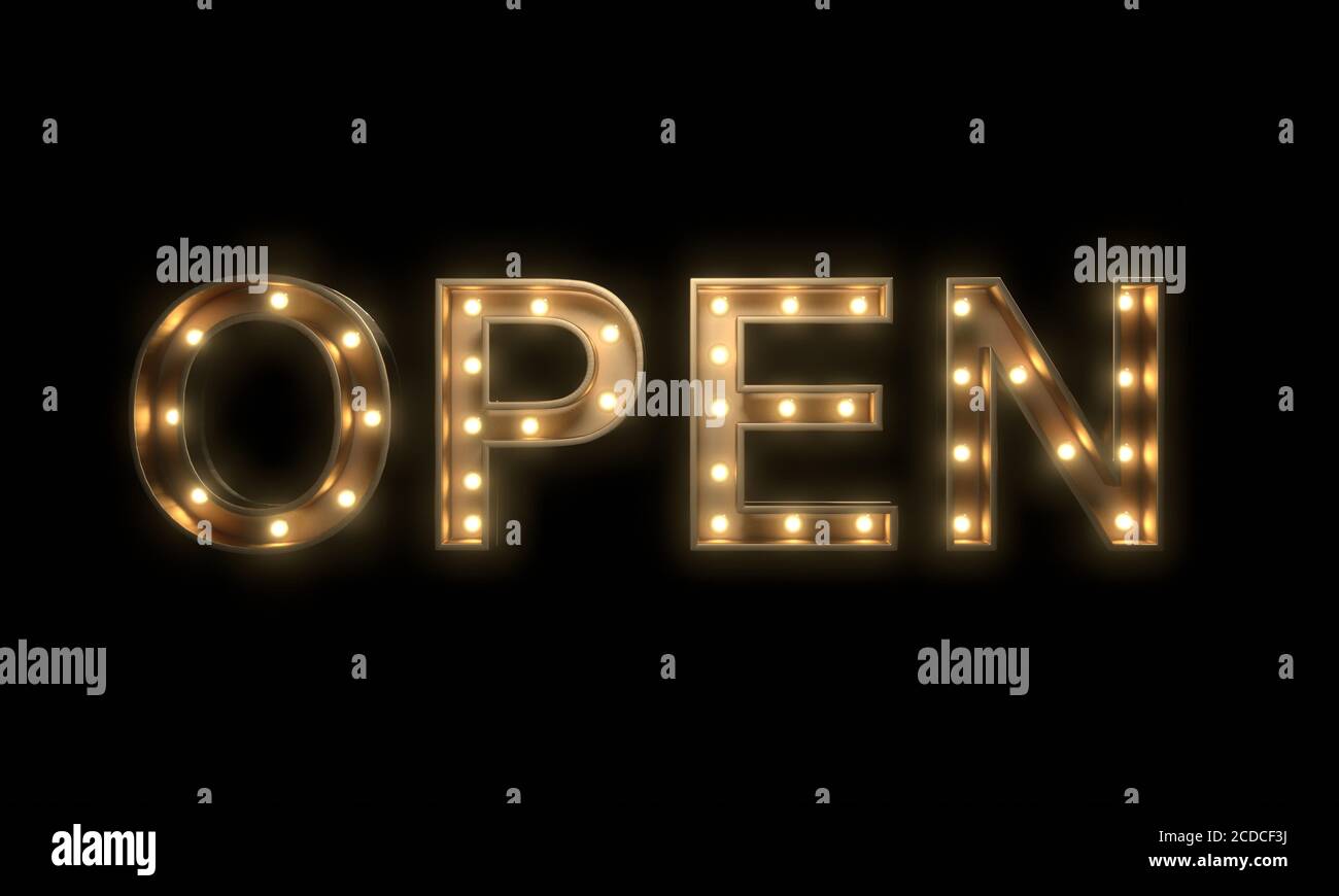 Vintage style OPEN text sign. Retro banner template with light bulb ...