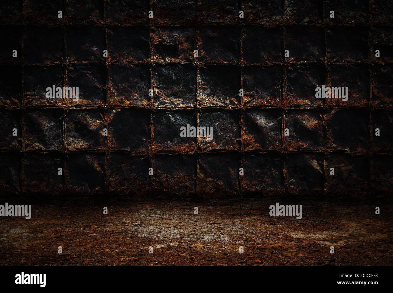 Industrial grunge background, dark room with walls of rusty metal ...