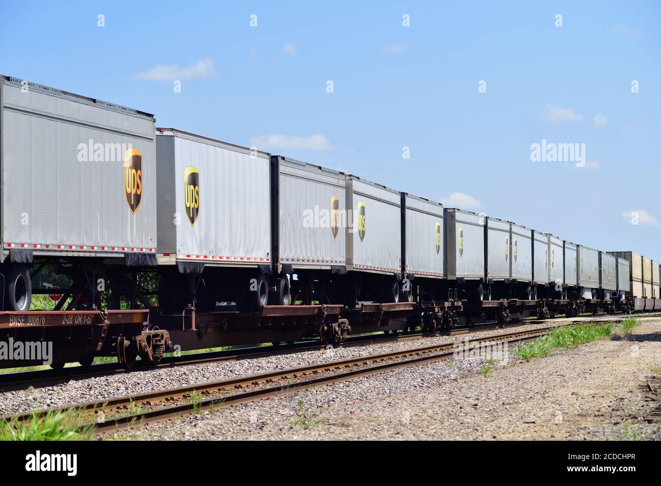 Chana, Illinois, USA. A Burlington Northern Santa Fe intermodal freight ...