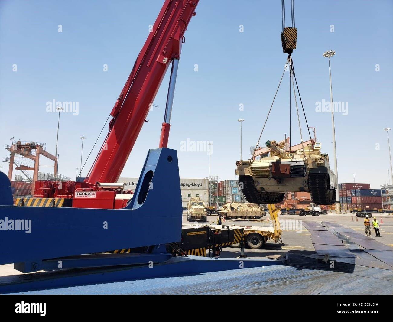 A M1A2 Abrams tank with the 2/1 Armored Brigade Combat Team is lifted ...