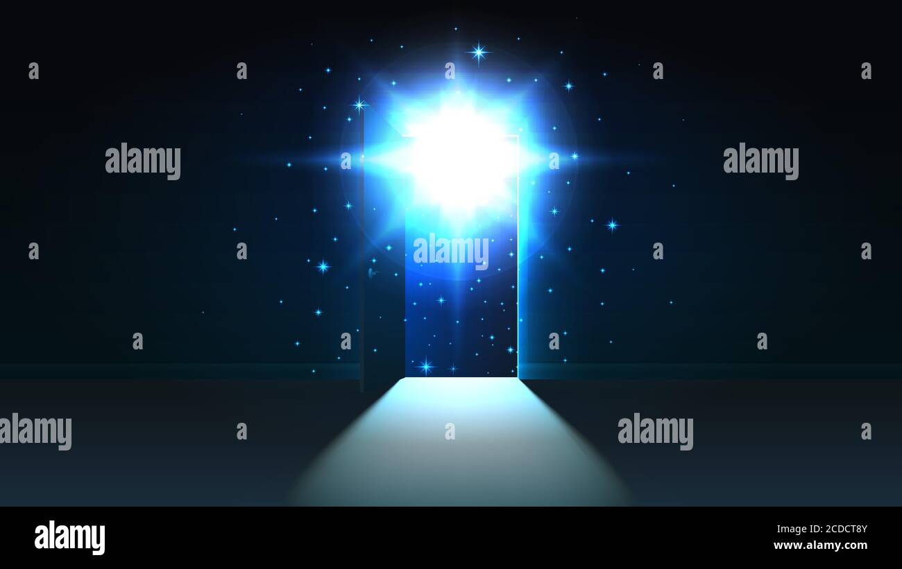 Mystical light from the open door of a dark room, open space, cosmos ...