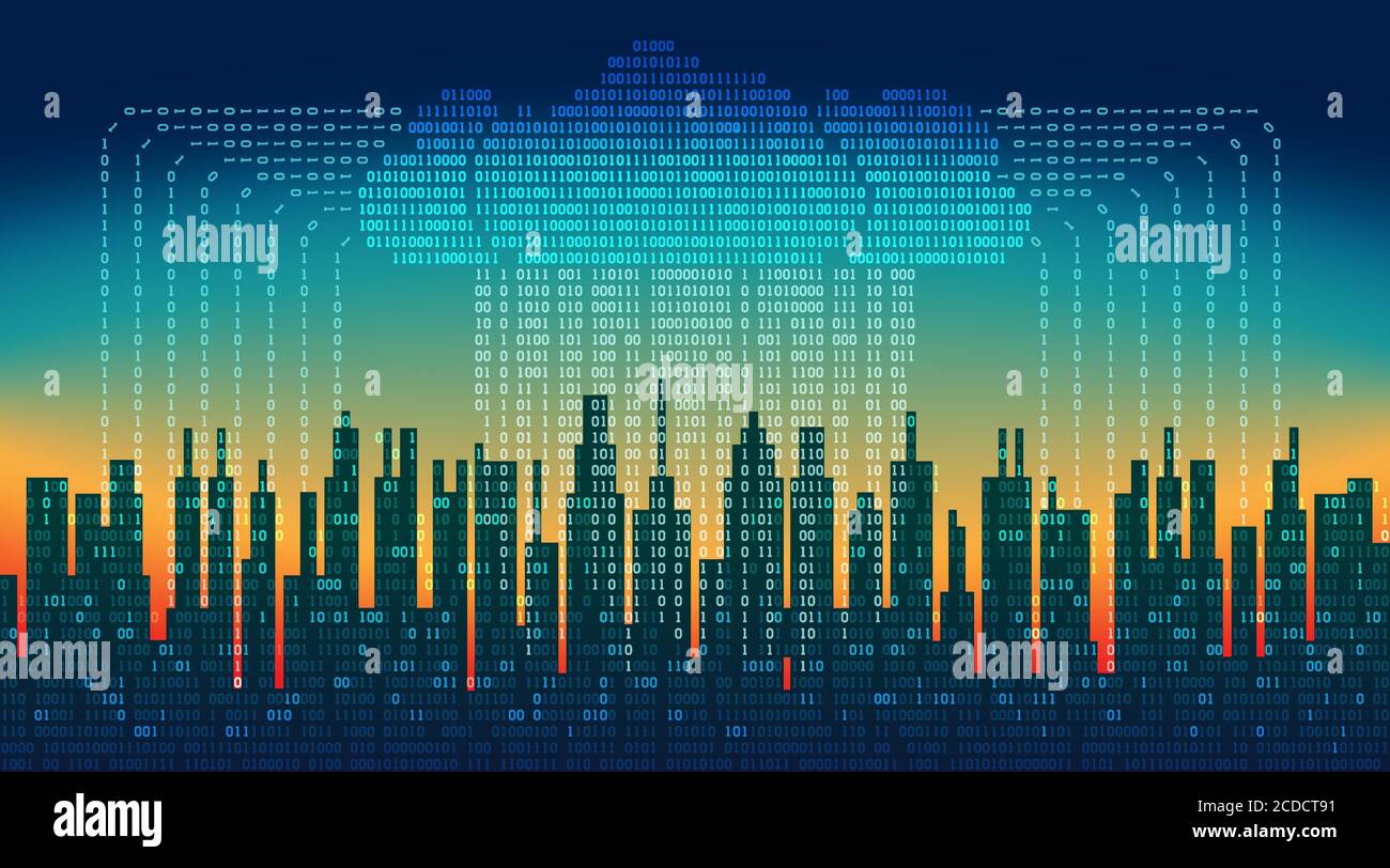 Binary rain in digital abstract city, the flow of data with the cloud, high-tech background ...