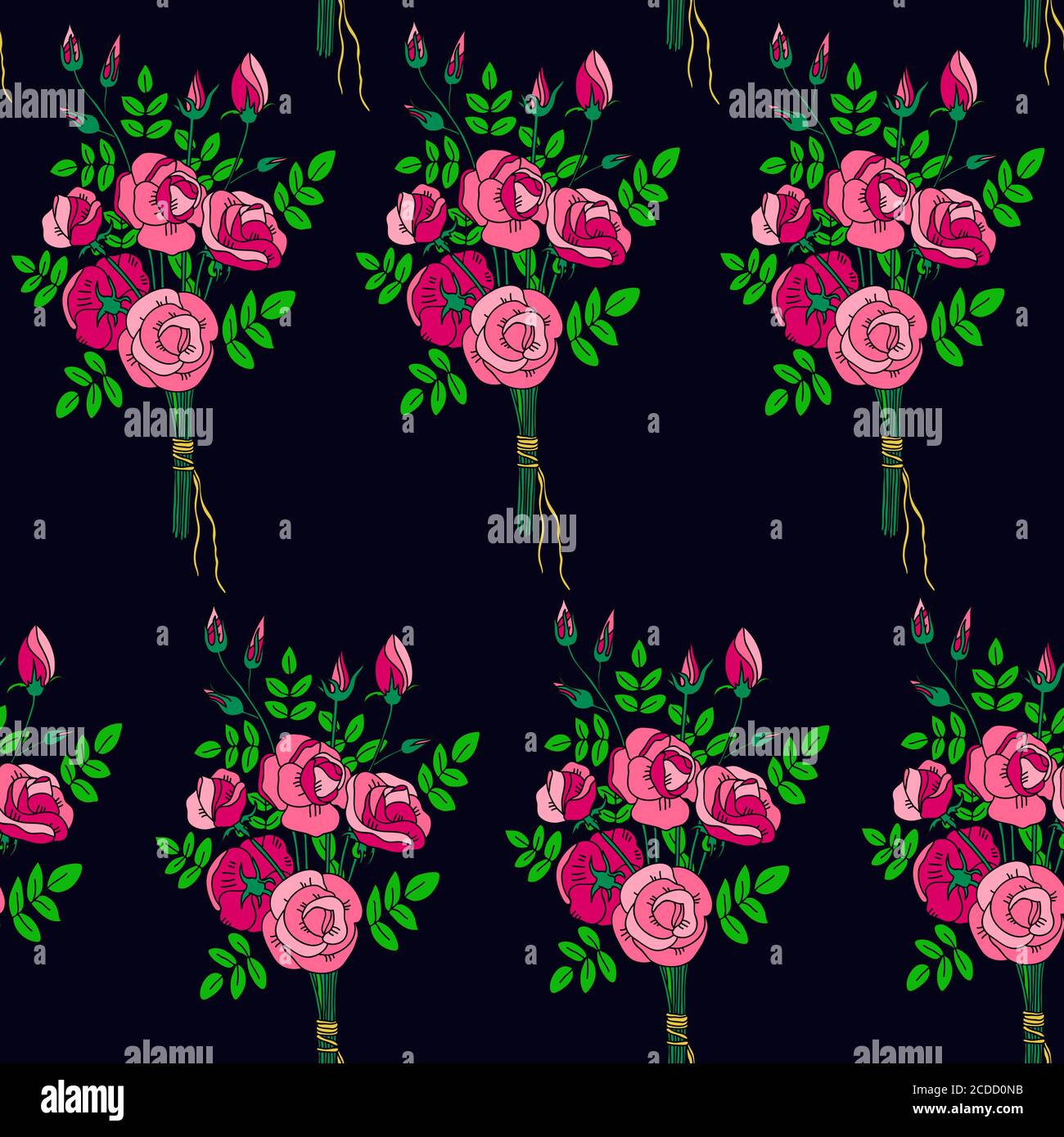 Seamless pattern with hand drawn cartoon cute minimalist rose bouquets ...