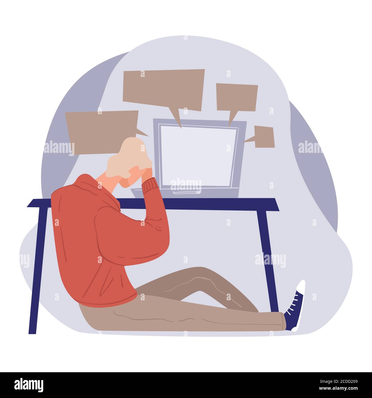 Depressed man sitting by table with computer, sad male character Stock ...