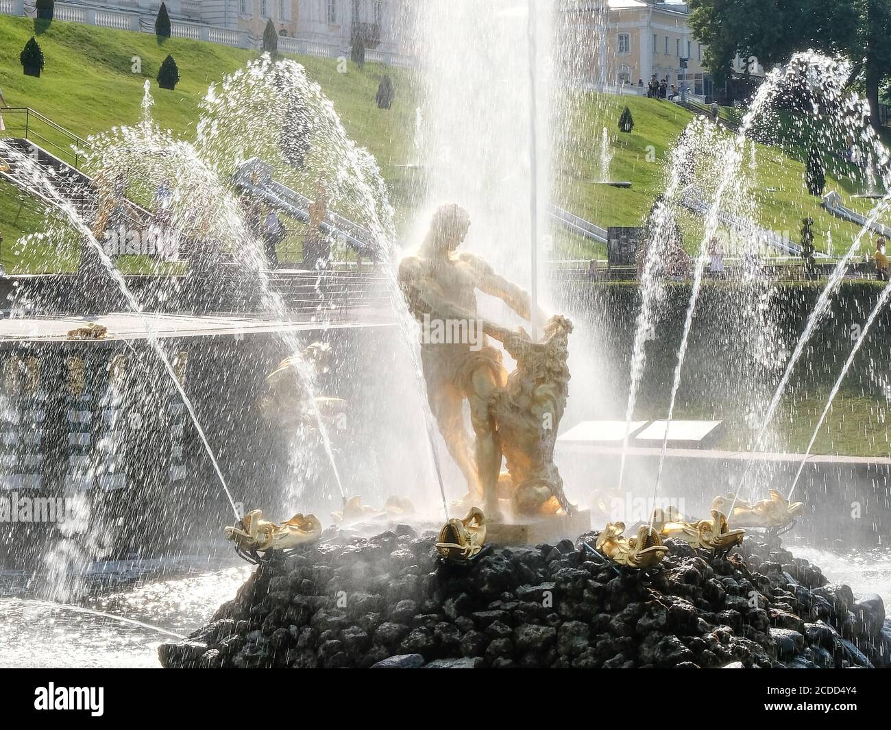 Statue of Samson tearing the mouth of a lion in the Grand Cascade of ...