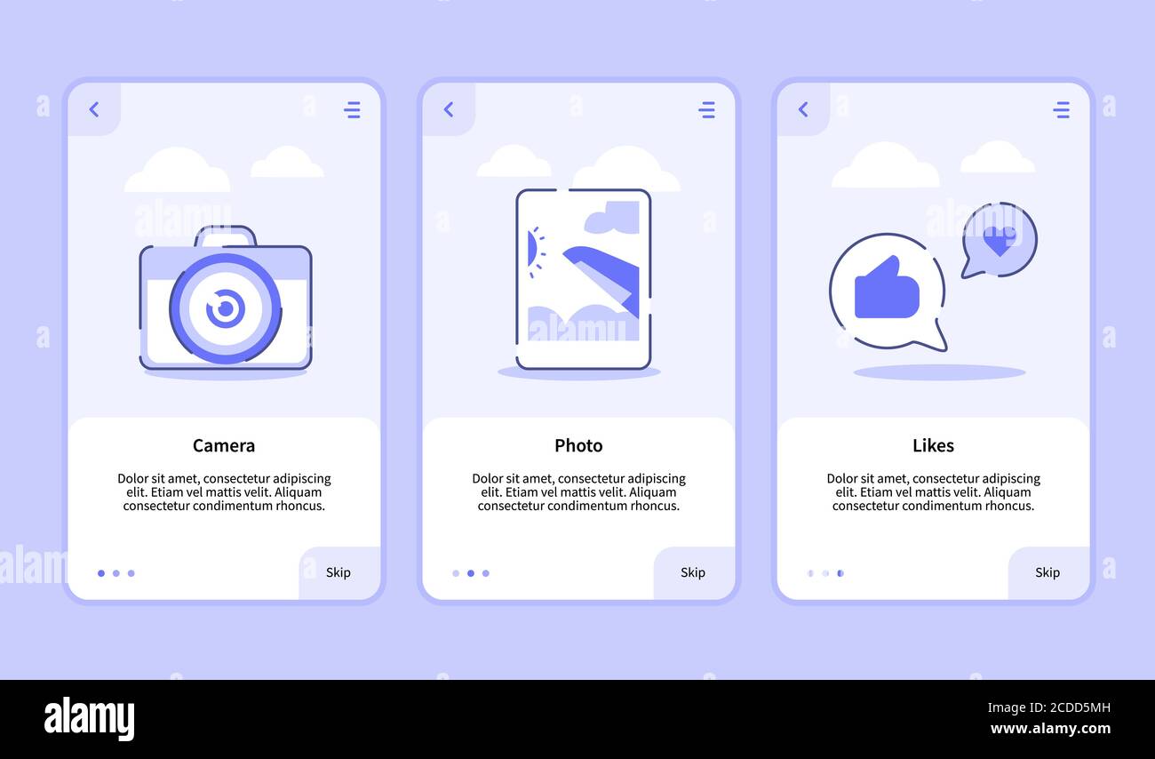 Camera photo likes onboarding screen for mobile apps template banner ...