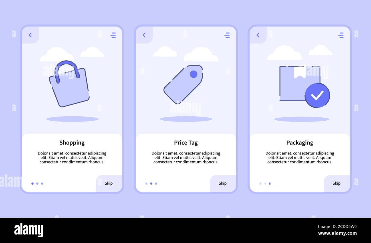 Shopping price tag packaging onboarding screen for mobile apps template ...