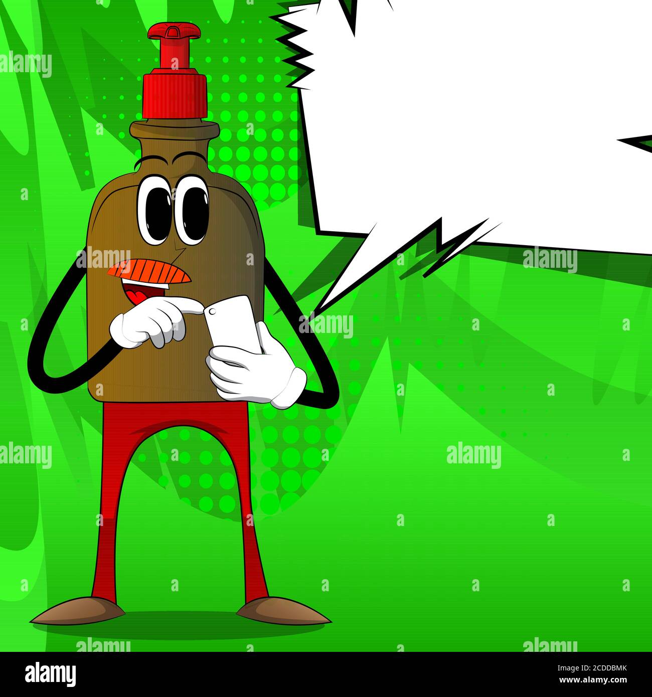 Cartoon bottle of hand sanitizer gel for hygiene with face using a ...