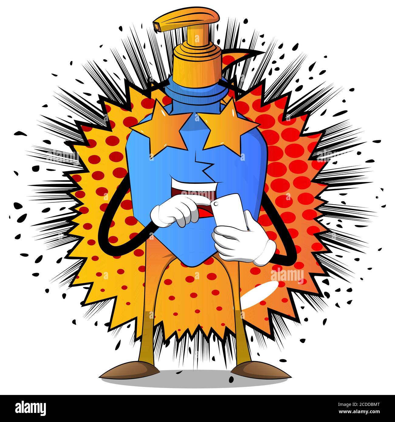 Cartoon bottle of hand sanitizer gel for hygiene with face using a ...