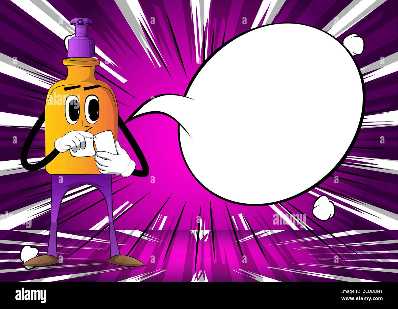 Cartoon bottle of hand sanitizer gel for hygiene with face using a ...