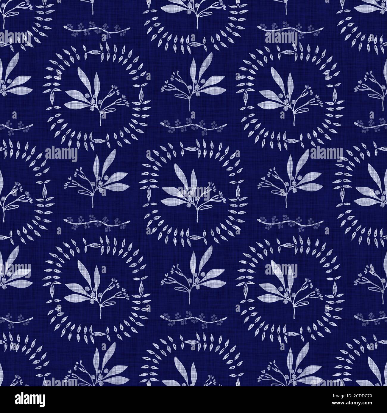 Indigo blue flower block print dyed linen texture background. Seamless ...