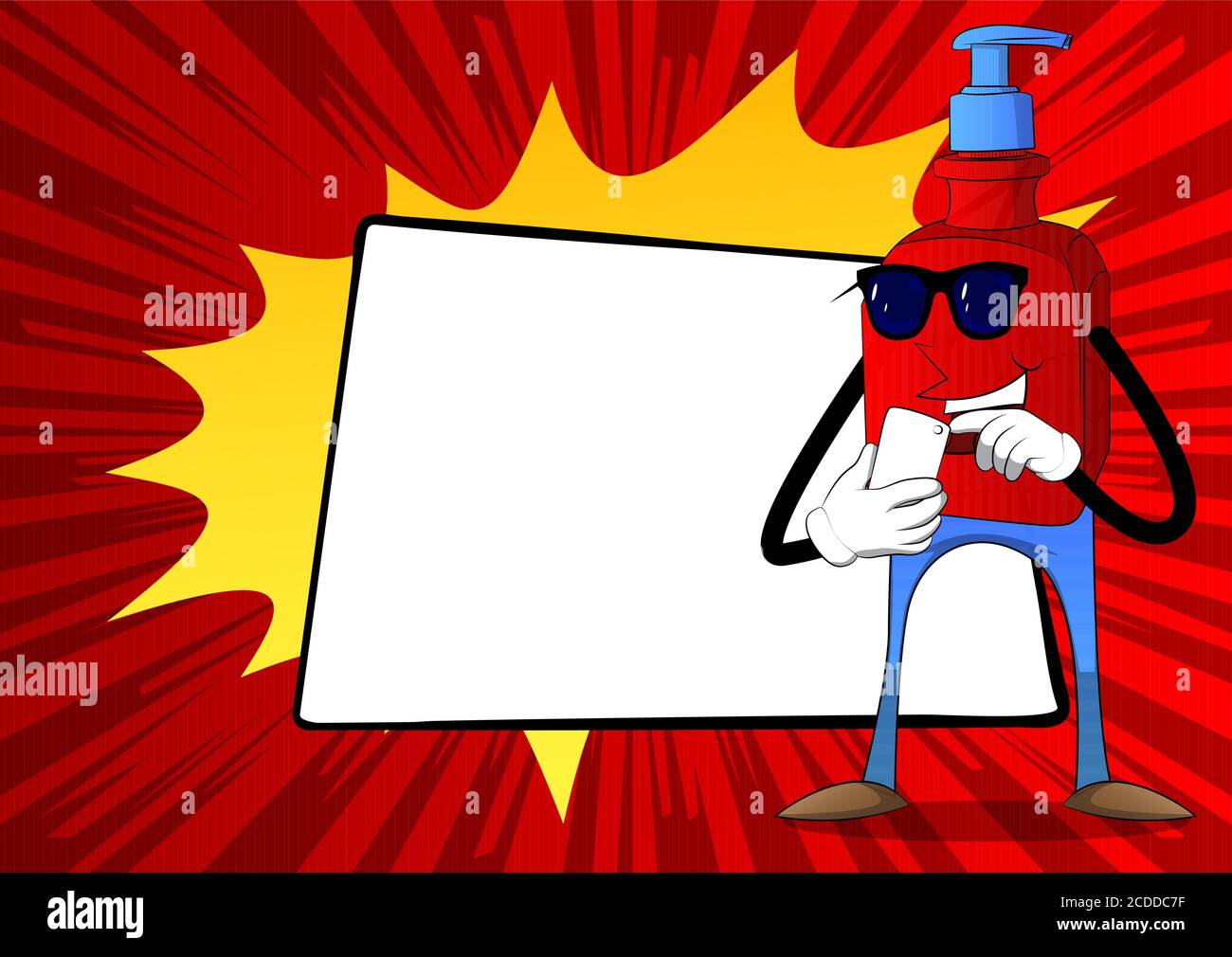 Cartoon bottle of hand sanitizer gel for hygiene with face using a ...