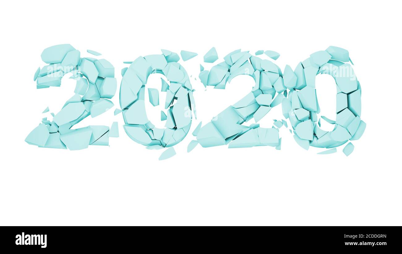 broken 2020 year over white background. The number 2020 is destroyed ...