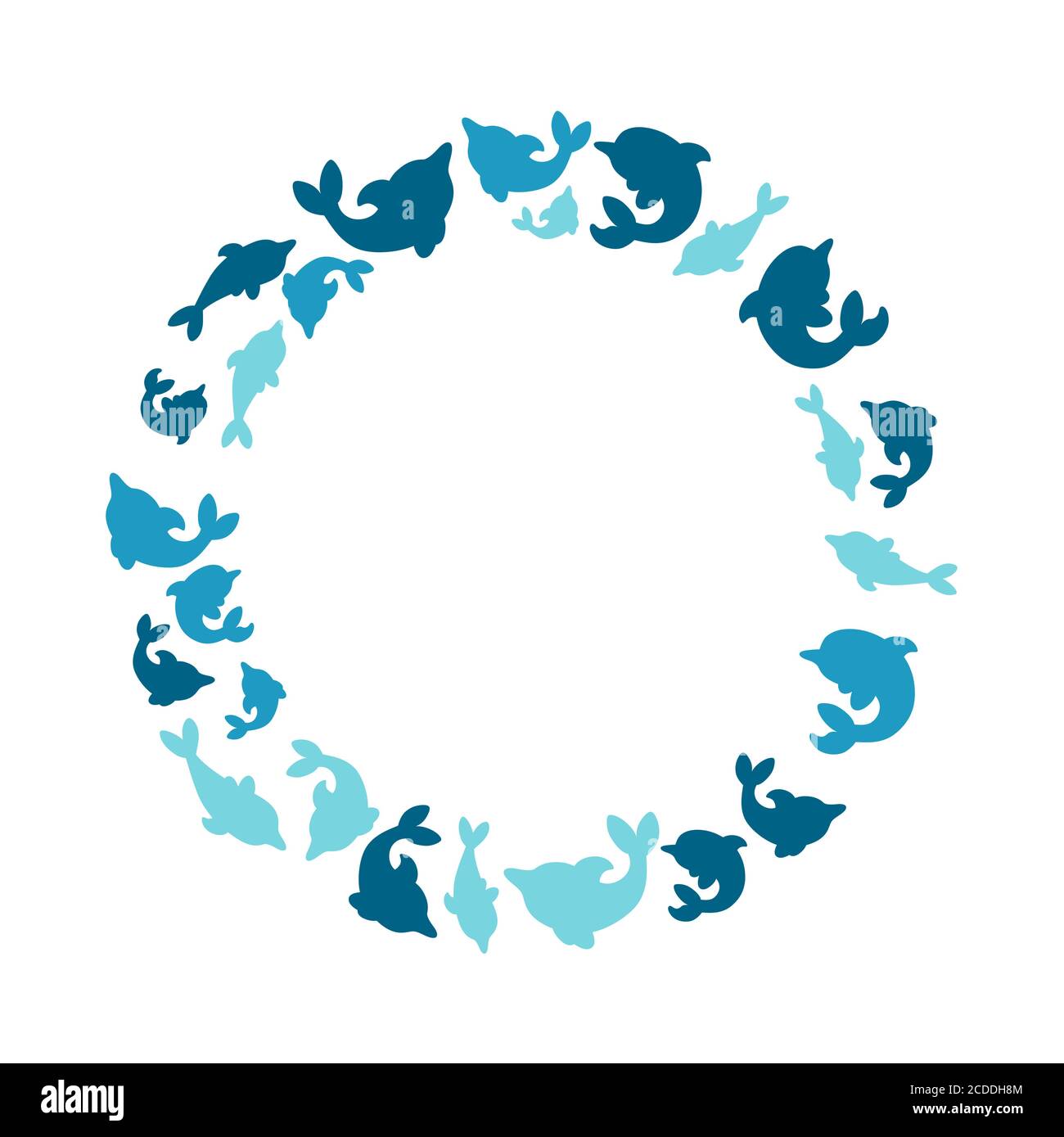 Round frame made of blue dolphins. Ready-made frame for your designs ...