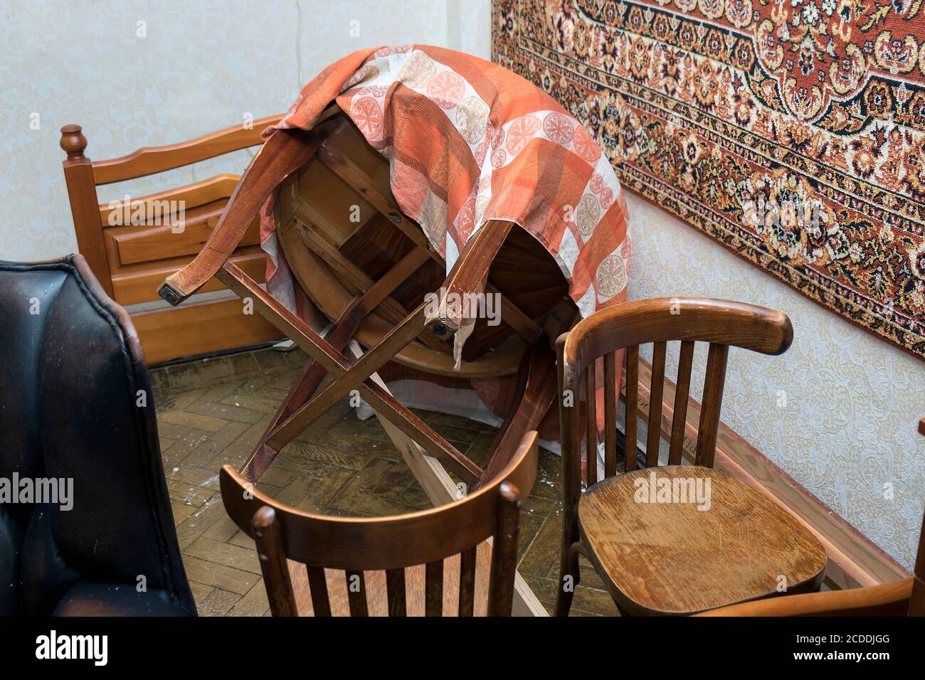 Stack of ruined old furniture in a room corner, interior shot Stock ...