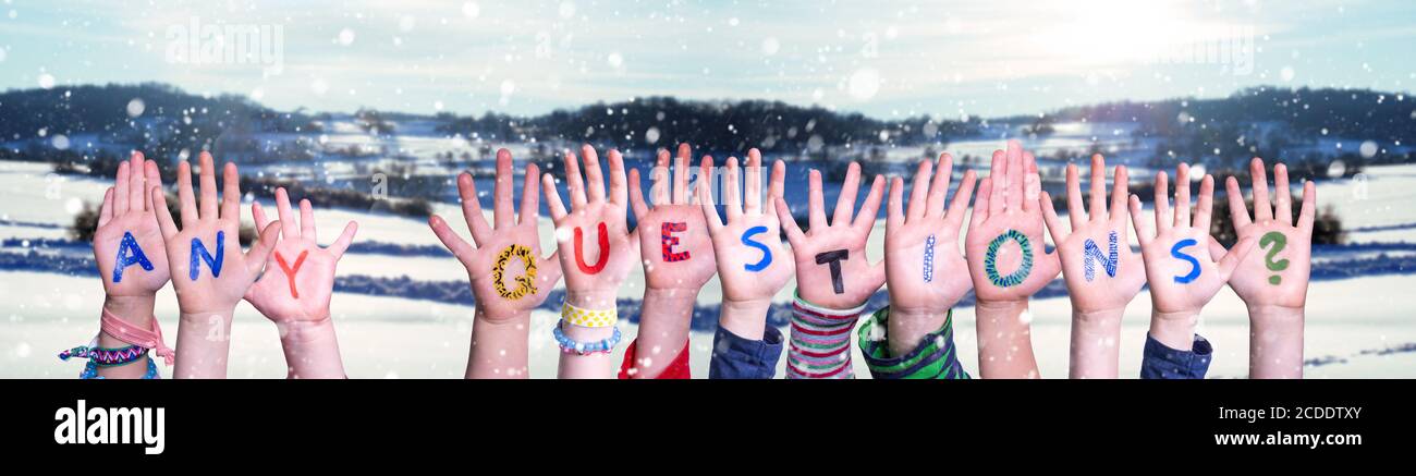 Children Hands Building Word Any Questions, Snowy Winter Background ...