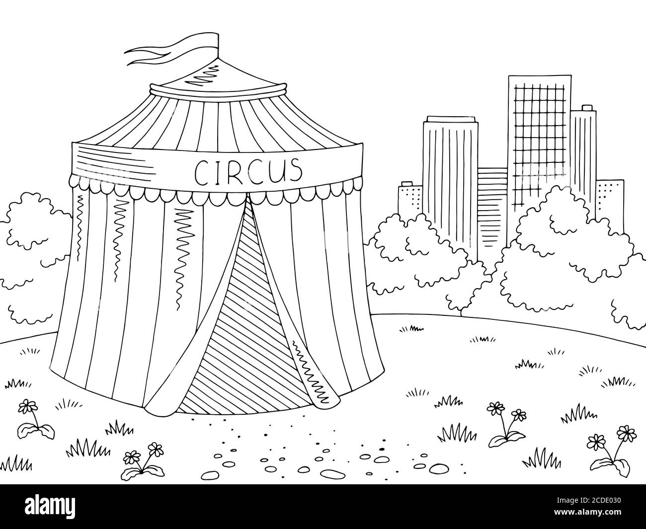 Circus exterior graphic black white city landscape sketch illustration ...