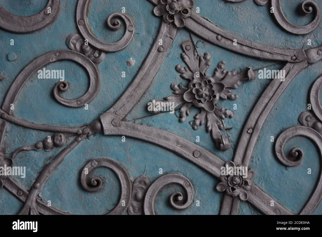 ancient door with blue varnish and baroque metal fittings Stock Photo ...