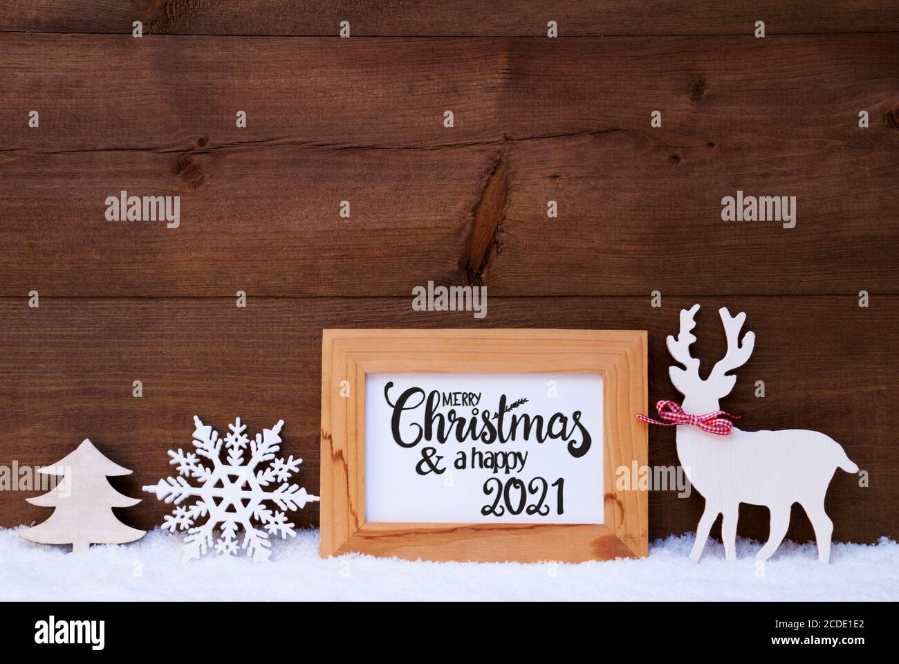 Deer, Snowflake, Snow, Tree, Merry Christmas And Happy 2021 Stock Photo ...