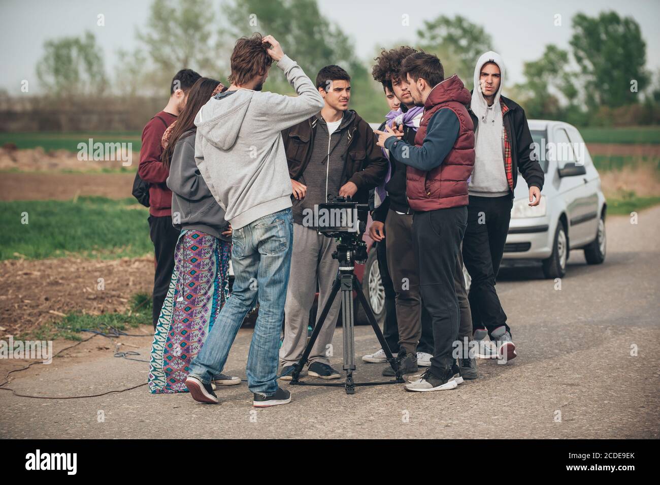 Behind the scene. Film crew team filming movie scene on outdoor ...