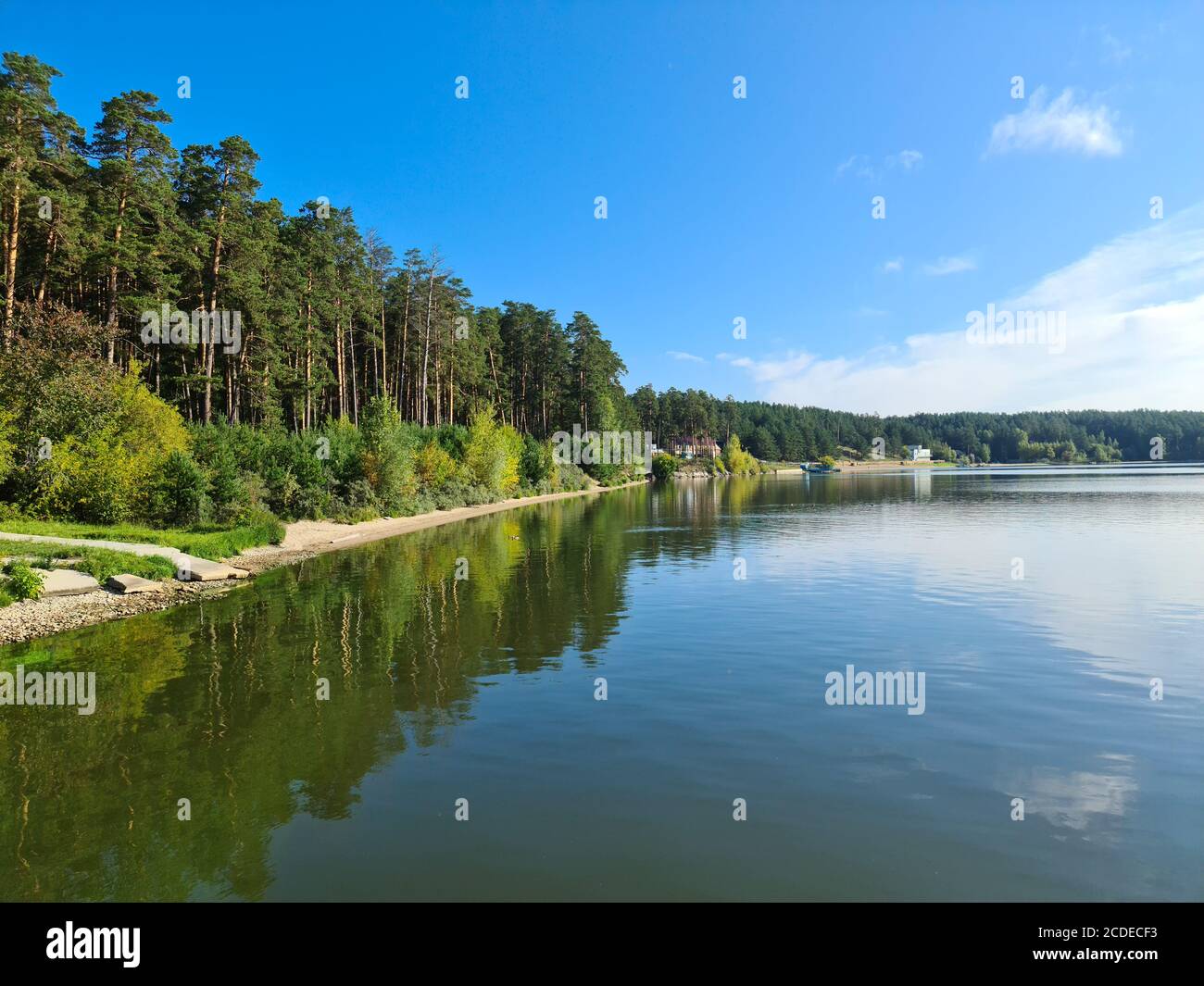 Landscape of the river Bank with bushes, trees and a small beach ...