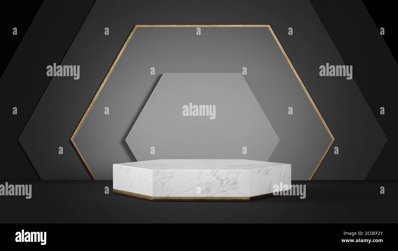 Hexagon platform with black geometric background 3d rendering Stock ...