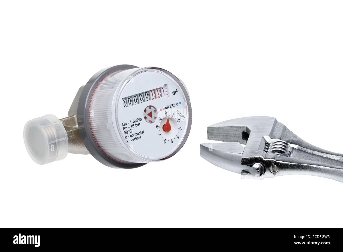 New water meter and wrench isolated on white background Stock Photo - Alamy
