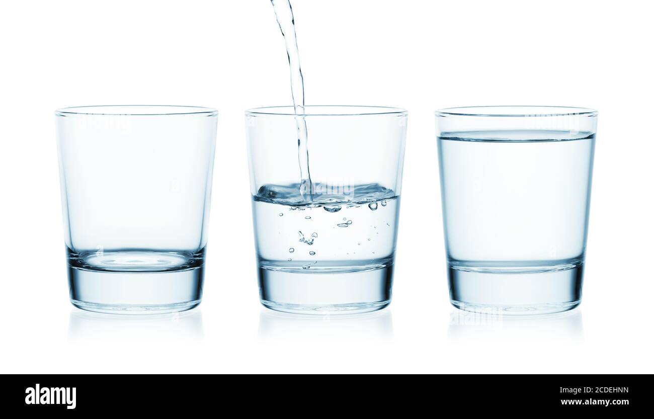 Water is poured into a glass of water. Next to it is an empty and full ...