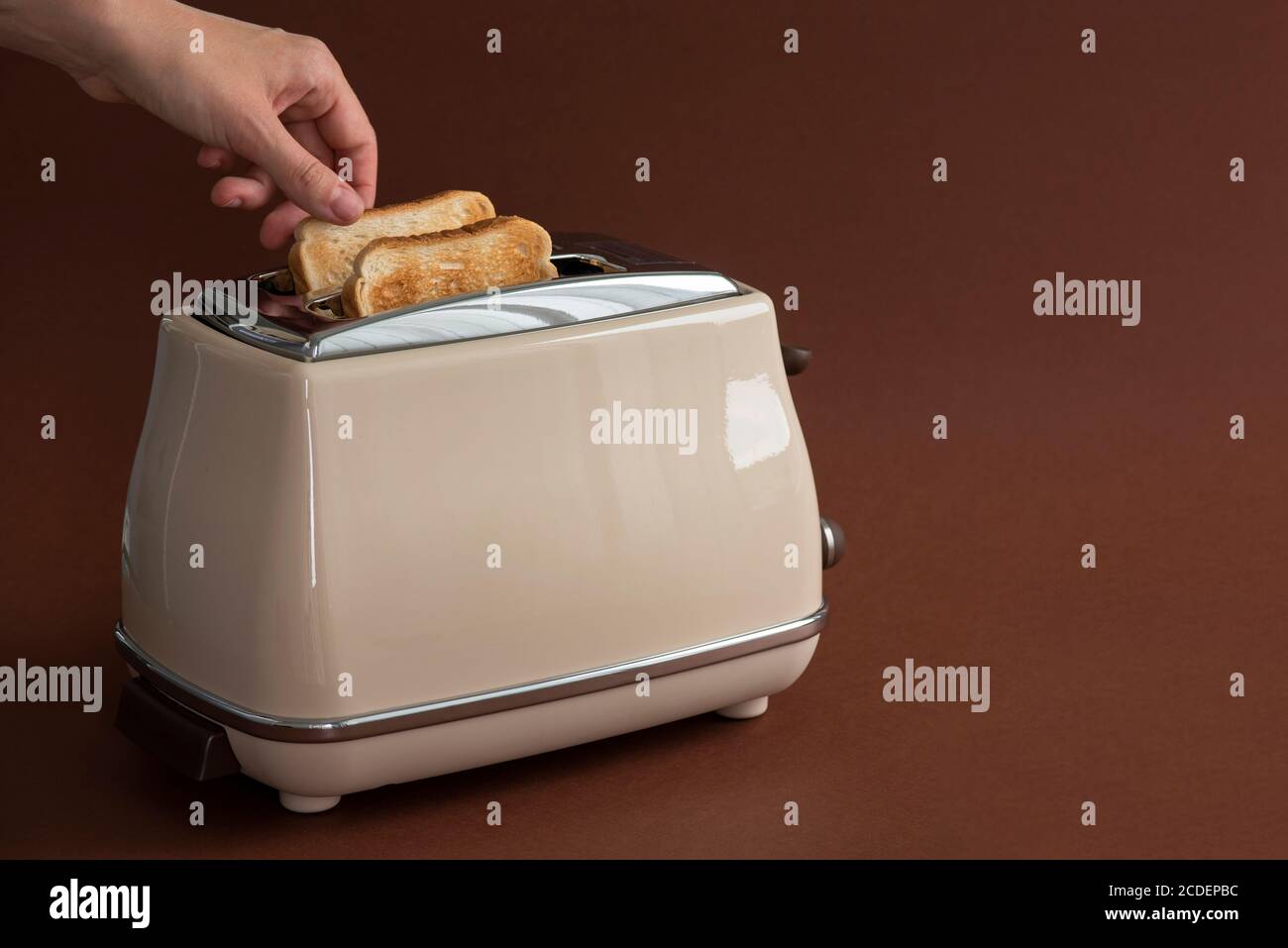 Two roasted pieces of bread on toaster on brown with woman hand Stock ...