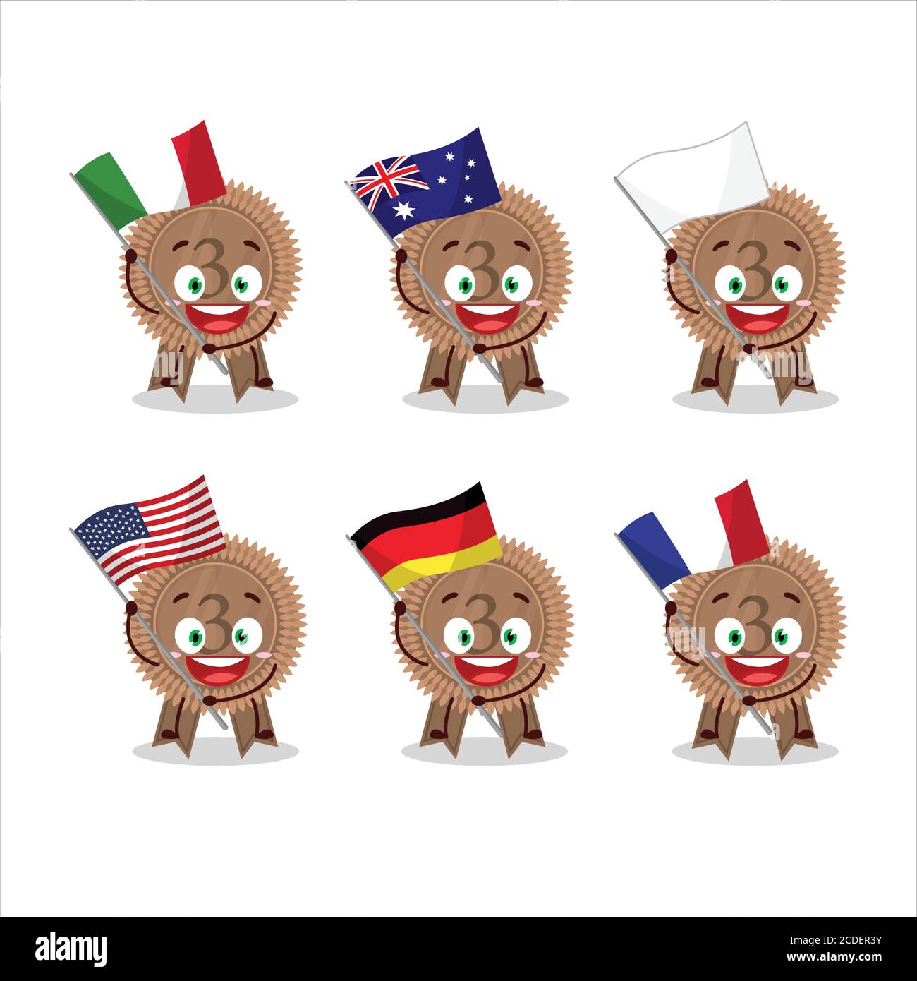 Bronze medals ribbon cartoon character bring the flags of various ...