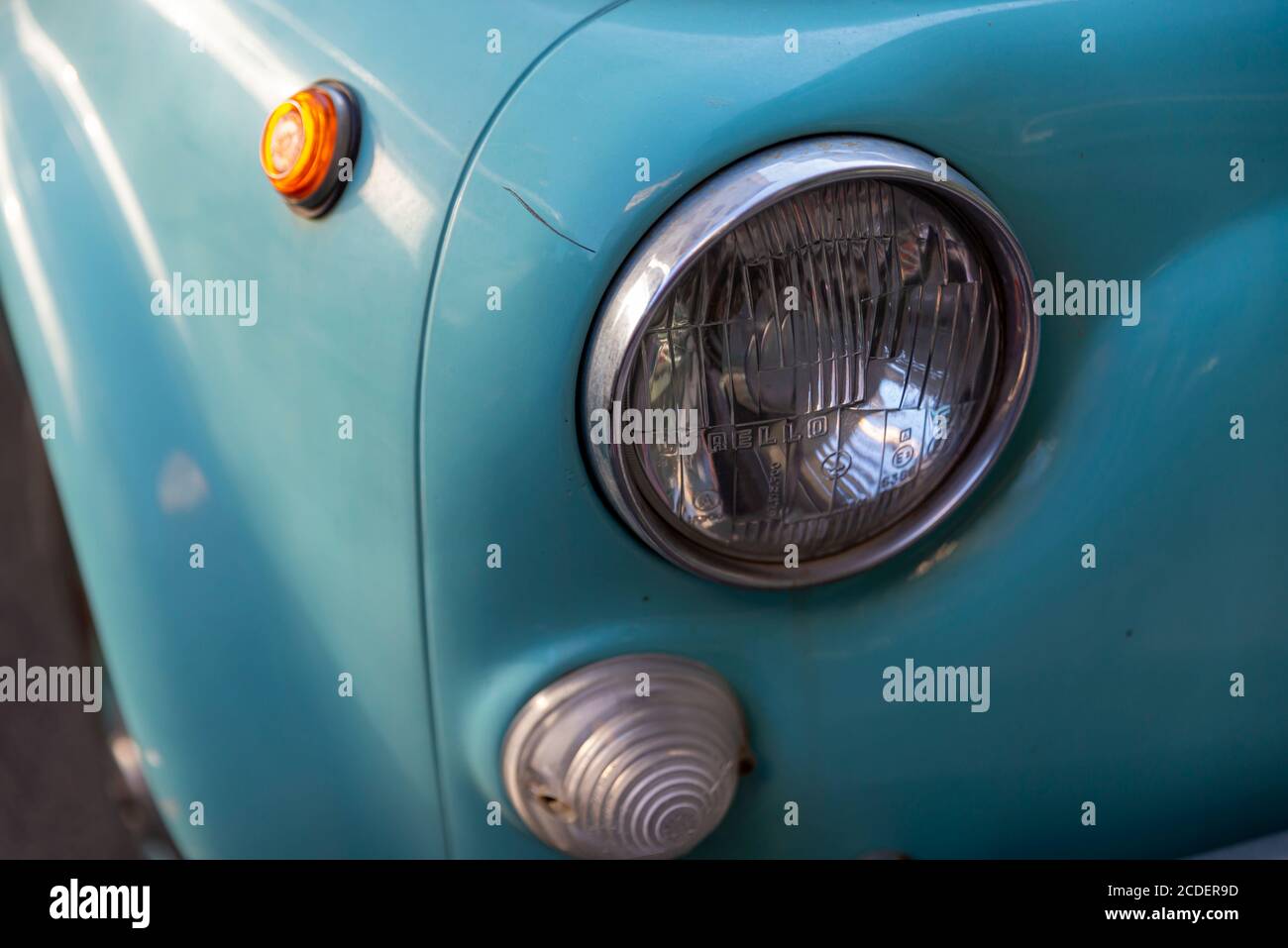terni,italy august 28 2020:detail of a light blue vintage fiat 500 ...