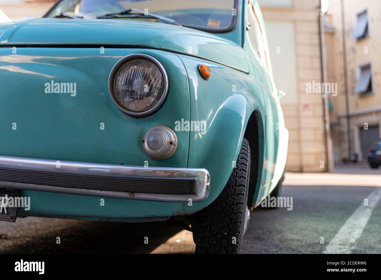 terni,italy august 28 2020:detail of a light blue vintage fiat 500 ...
