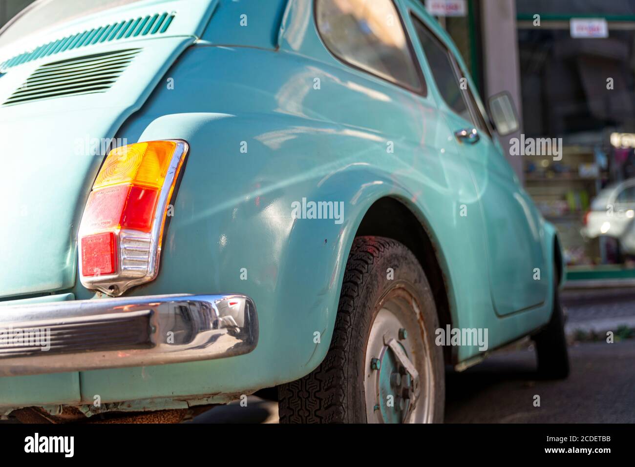 terni,italy august 28 2020:detail of a light blue vintage fiat 500 ...