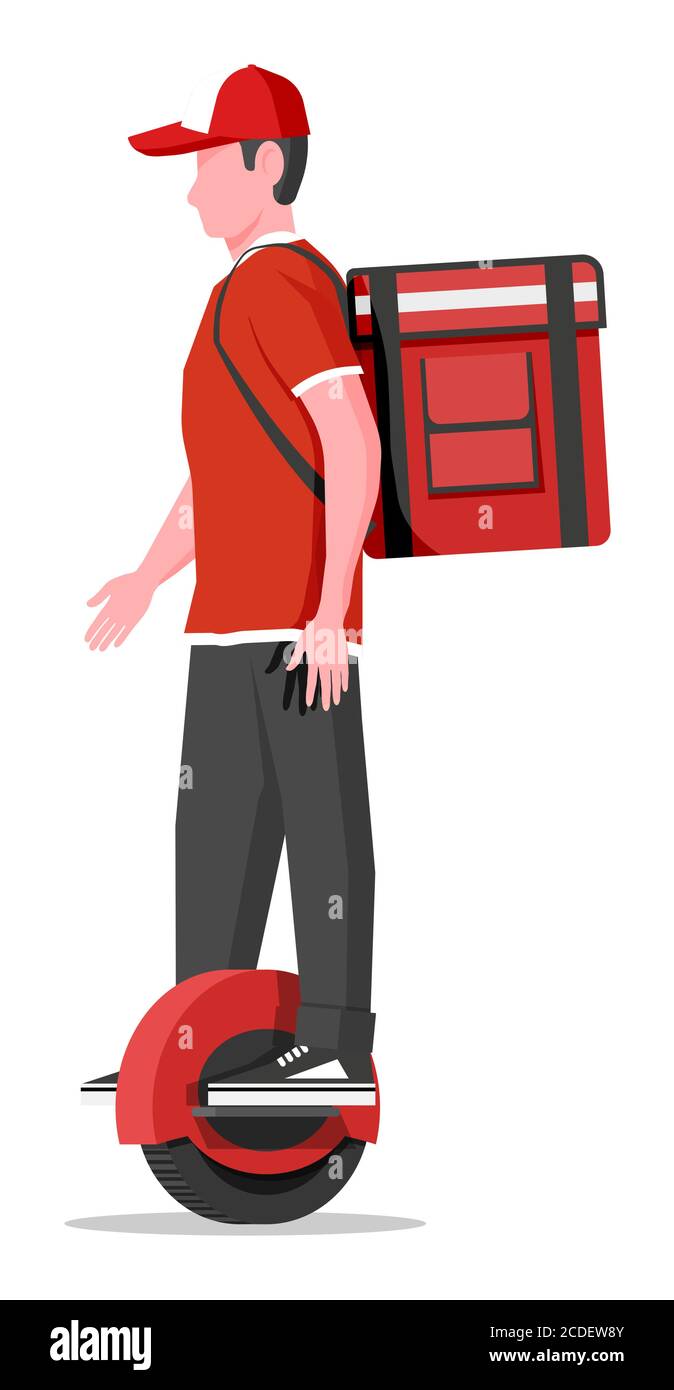 Delivery man riding monowheel with the box. Concept of fast delivery in ...